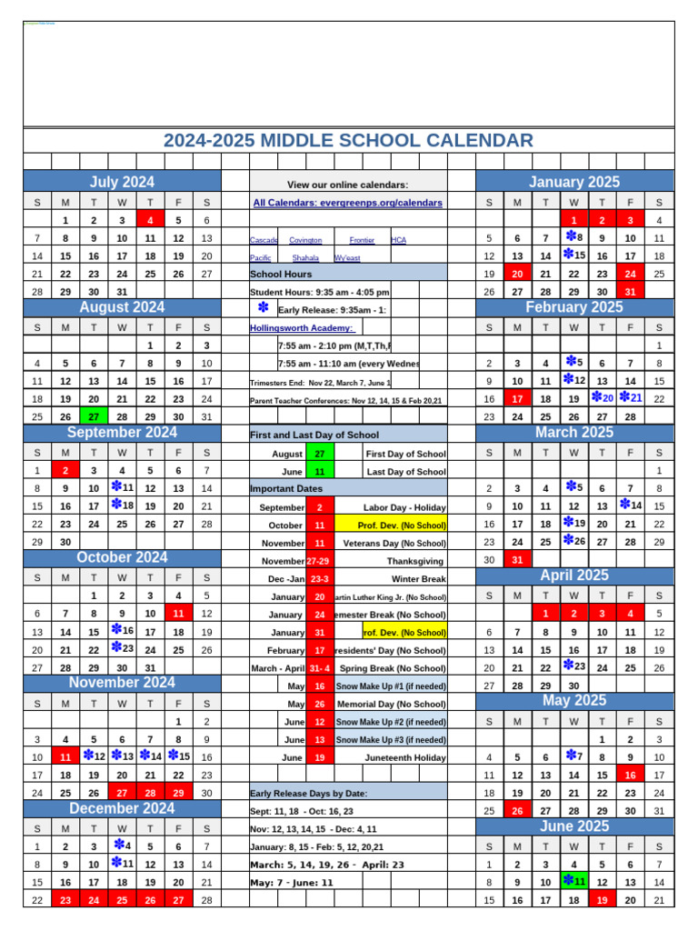 MIddle School 2024-25 Calendar MASTER - Evergreen Public | PDF ...