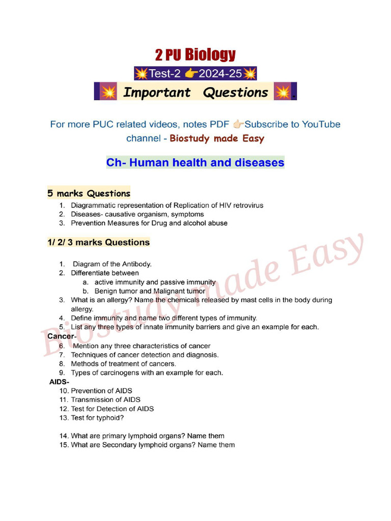 2PU Test-2 Bio IMP Qs 2024-25 | PDF