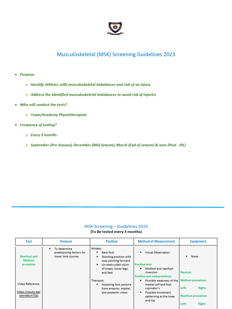 MSK Screening and IPS Guidelines | PDF | Anatomical Terms Of Motion | Human Leg