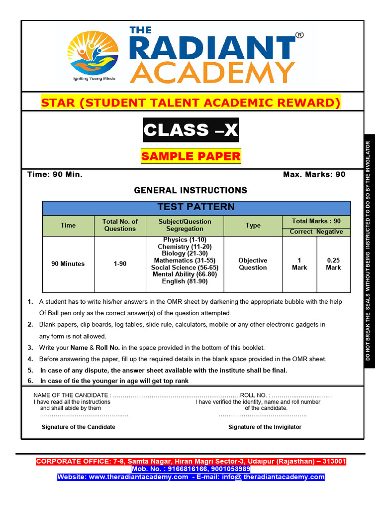 10 Class Sample Paper With Answer Key | PDF | Chlorine | Chemical Reactions