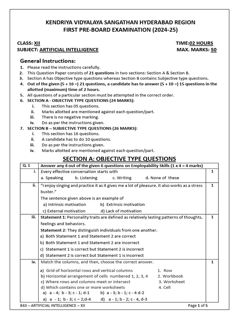 Kendriya Vidyalaya Sangathan Hyderabad Region First Pre-Board Examination (2024-25) | PDF ...
