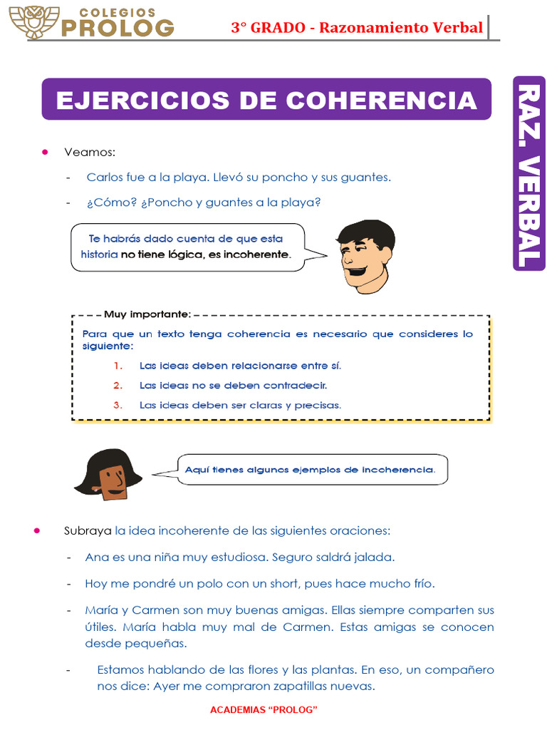 3° Ejercicios de Coherencia - 3° Grado | PDF