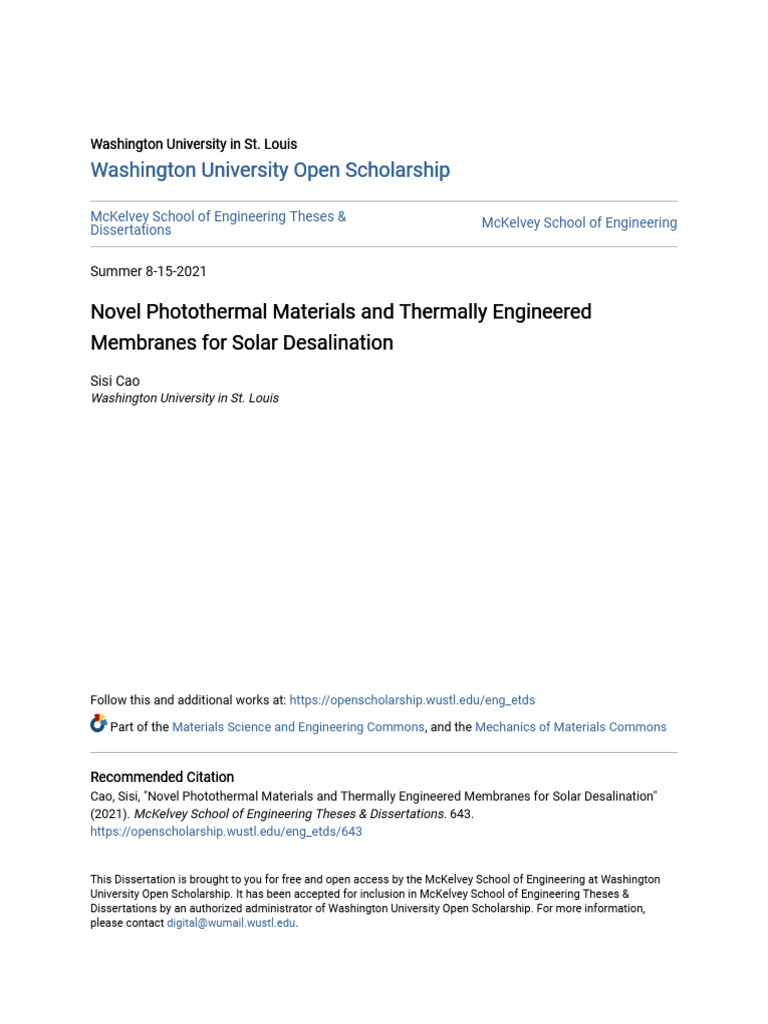 Photothermal Materials for Solar Desalination | PDF | Membrane ...