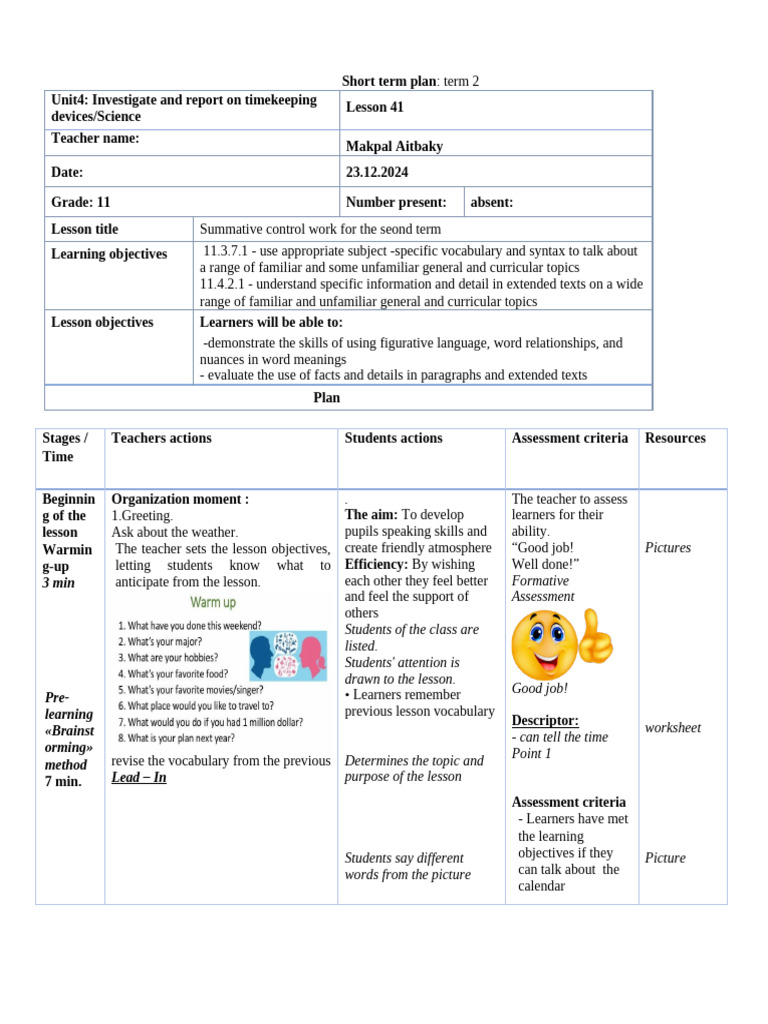 Short Term Plan 11 | PDF | Educational Assessment | Cognition