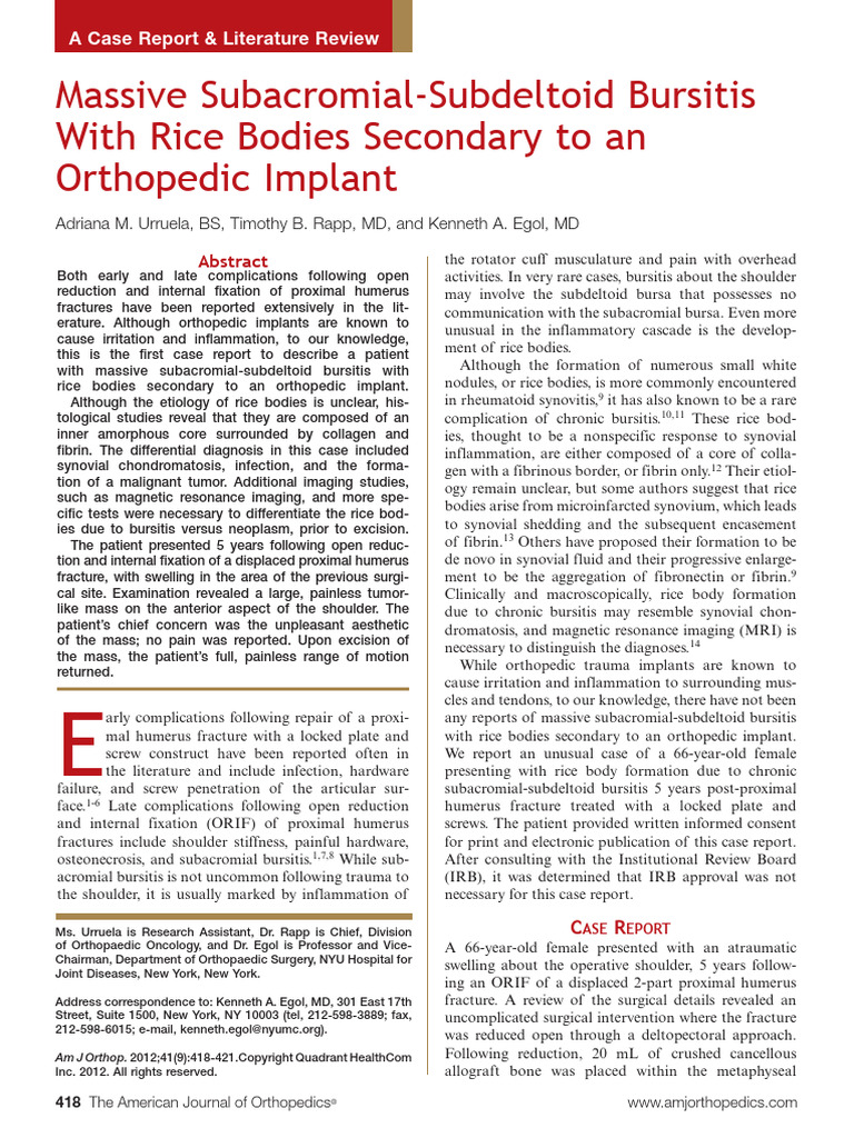 Case Report - Chronic Subacromial-Subdeltoid Bursitis Post ORIF Humerus ...