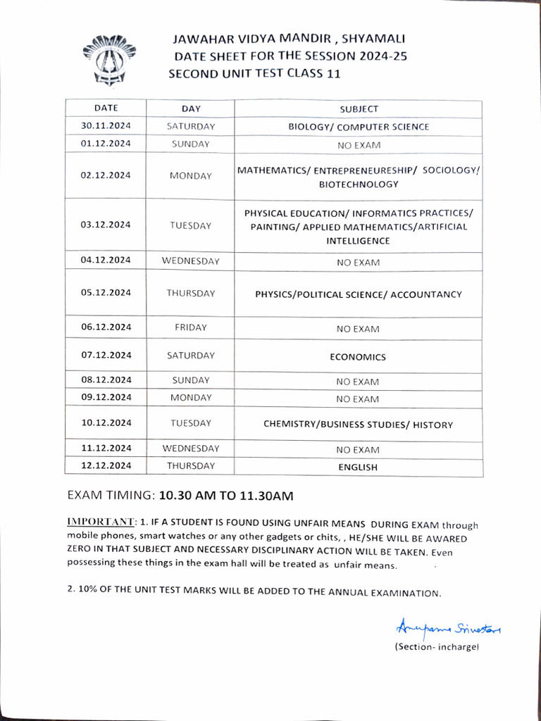 class 11, unit test 2, Datesheet 2024 | PDF