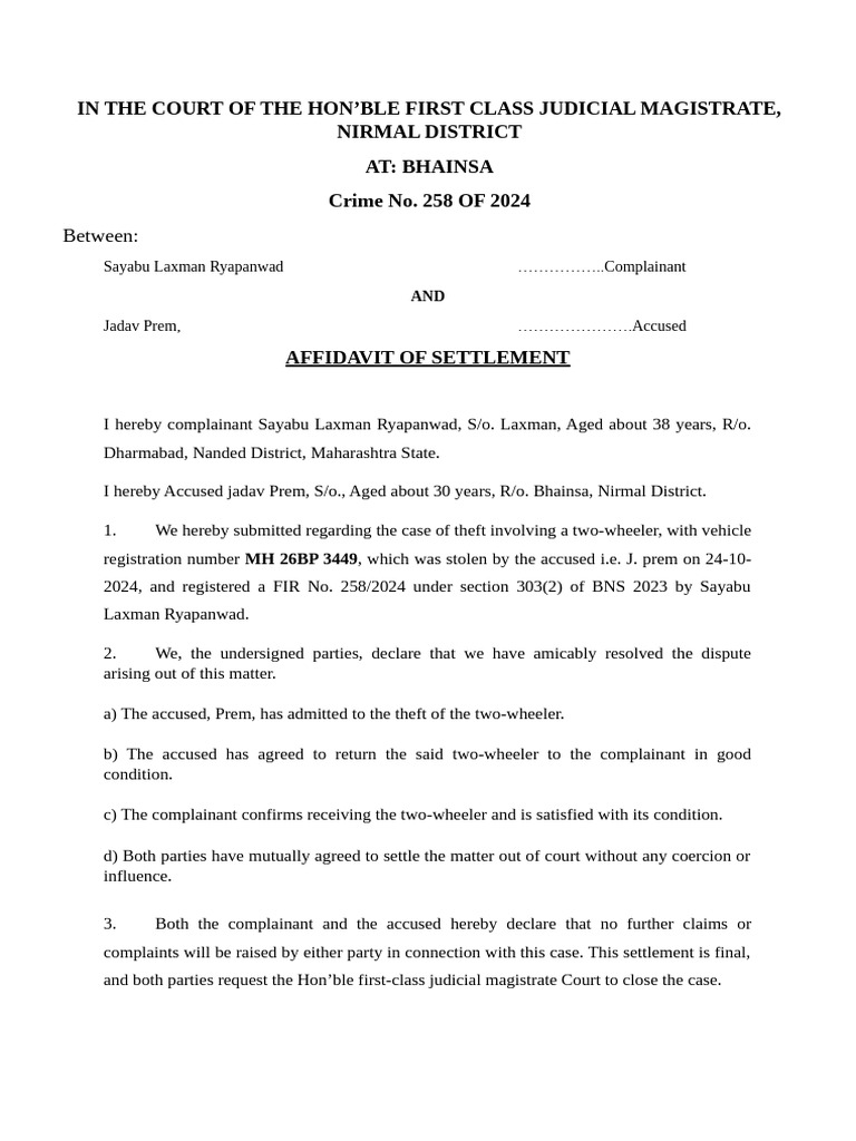 Affidavit of Settlement in Criminal Procedure Code | PDF | Affidavit | Legal Procedure