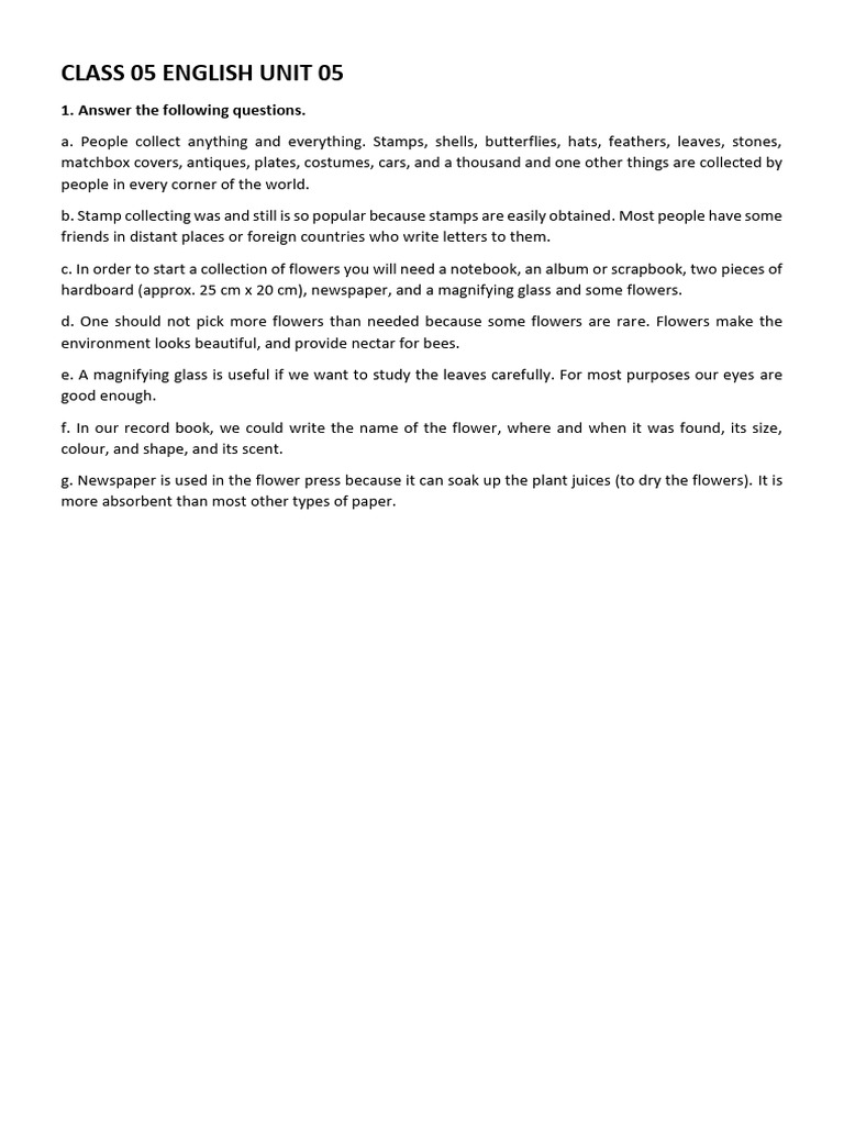 CLASS 05 ENGLISH UNIT 05 | PDF