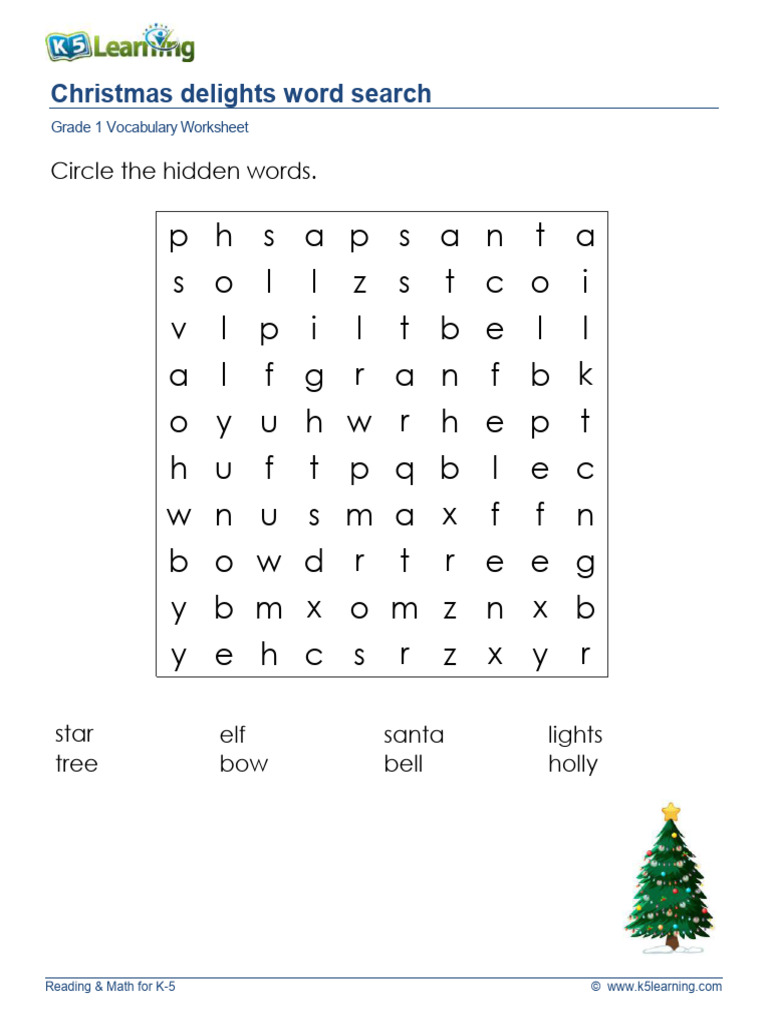 Grade 1 Christmas Word Search Worksheet | PDF