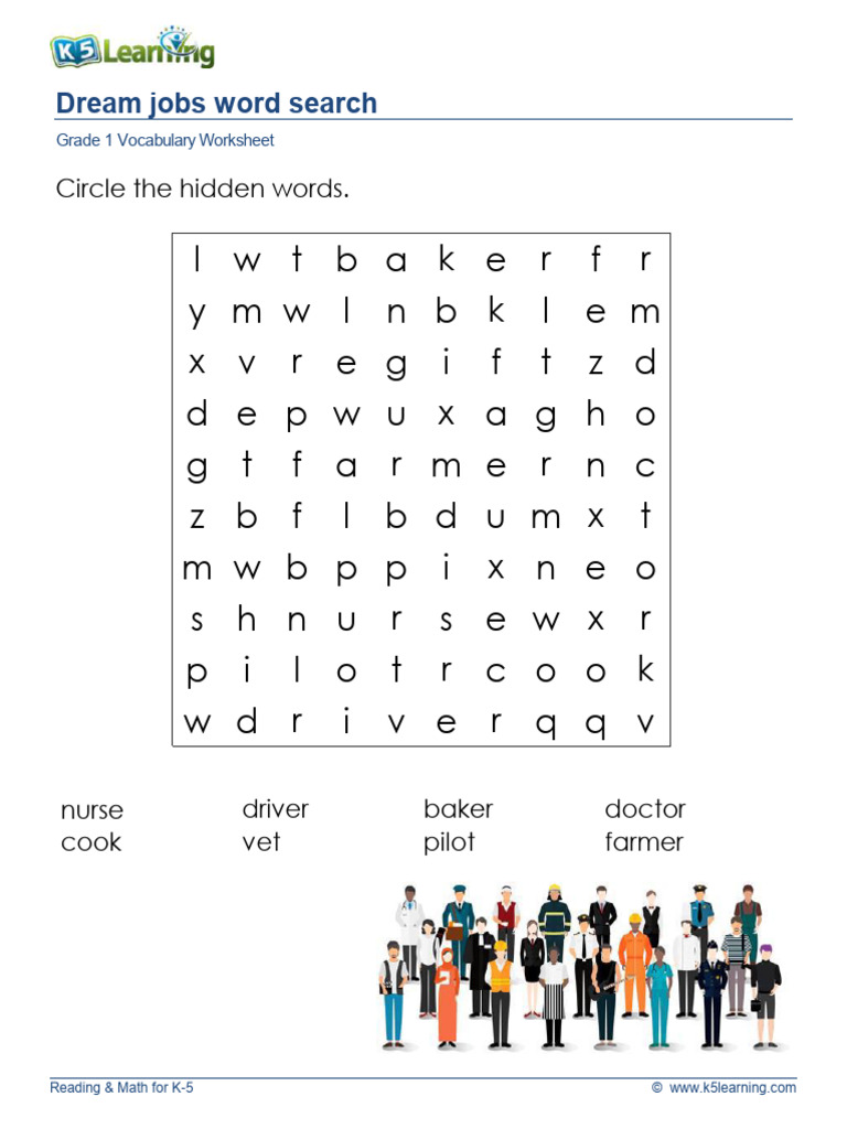 Grade 1 Dream Jobs Word Search Lowercase | PDF