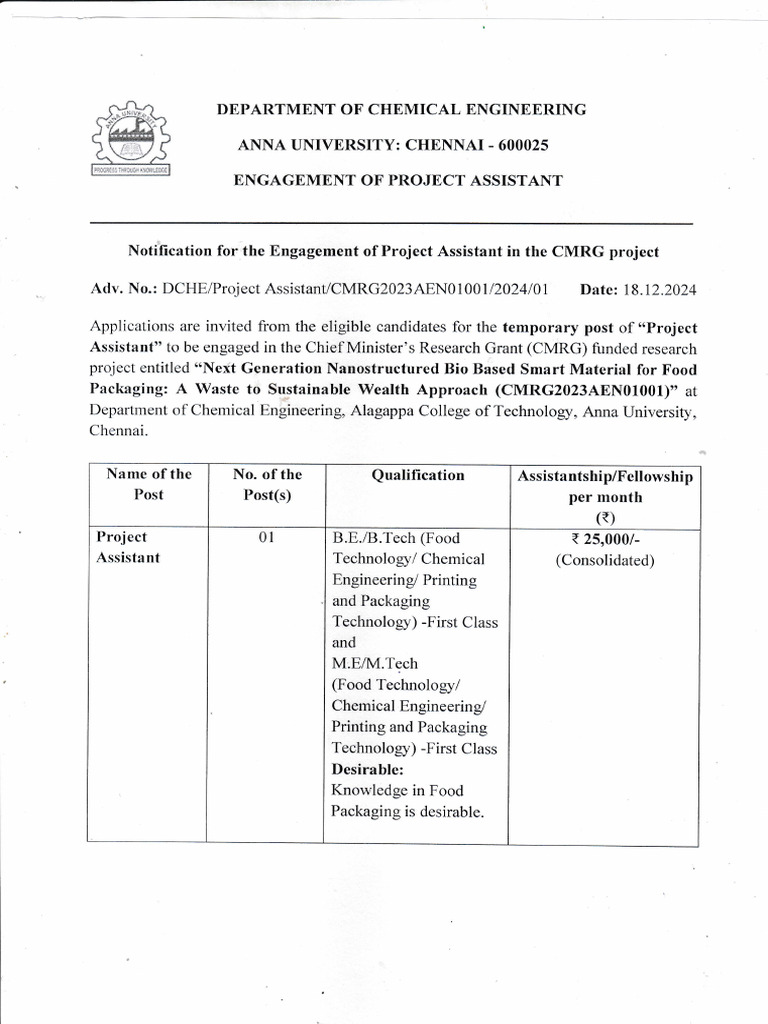 Advertisement Project Assistant CMRG Chem Engg | PDF