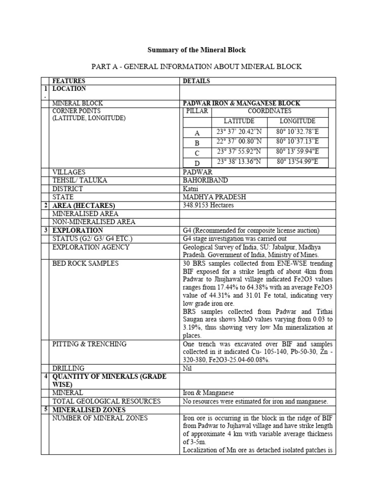 Summary Padwar Iron and Manganese Block | PDF | Ore | Manganese