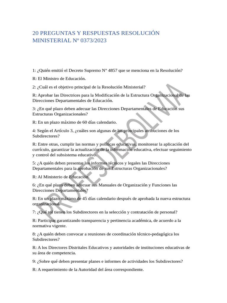 20 Preguntas y Respuestas - Resolución Ministerial #0373 Directrices ...