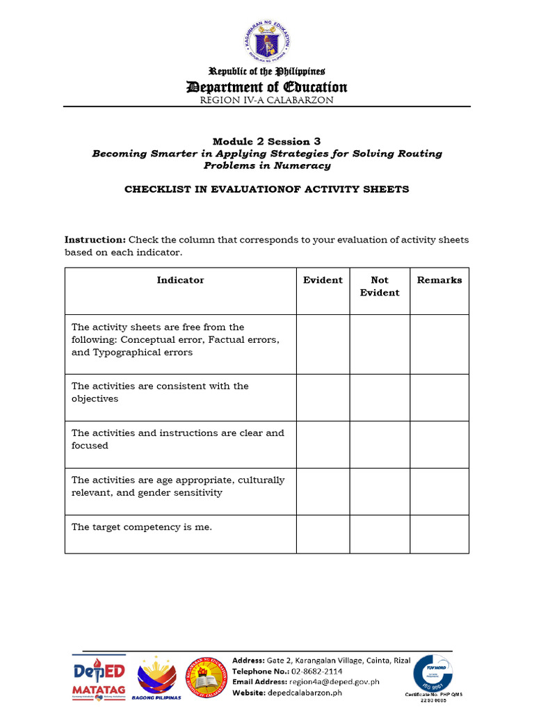Checklist in Evaluating Activity Sheets_Module 2 Session 3 | PDF