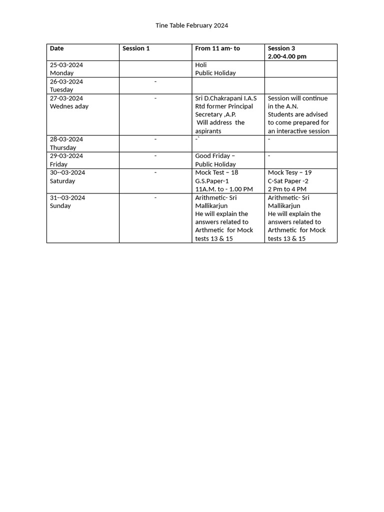 Time Table March 26th 2024 | PDF