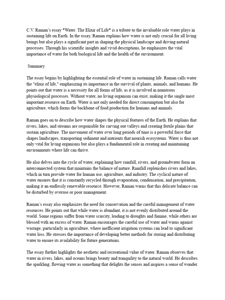 Water: The Elixir of Life Essay | PDF | Water | Soil