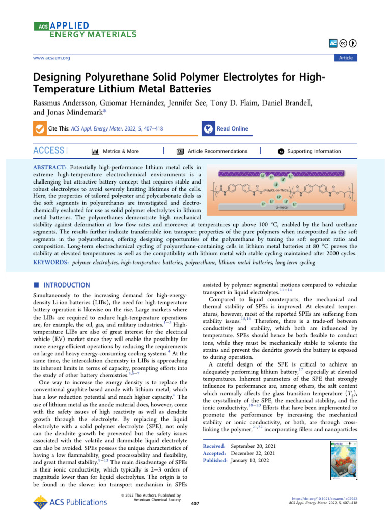 Andersson Et Al 2022 Designing Polyurethane Solid Polymer Electrolytes ...