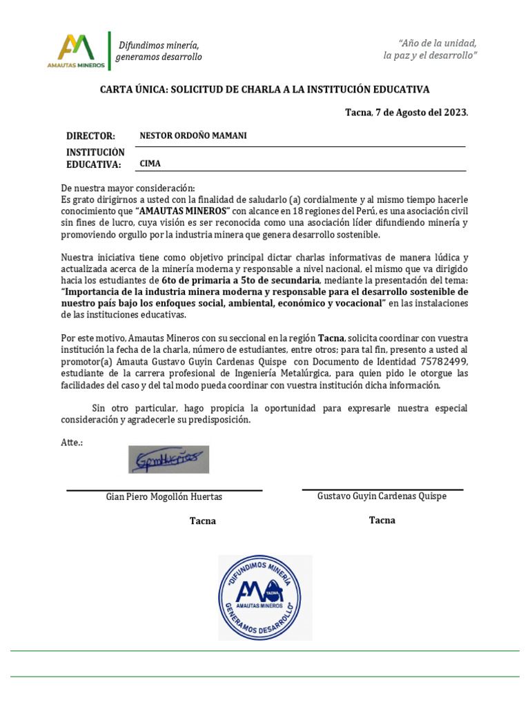 Solicitud de Charla_ Colegio Cima | PDF