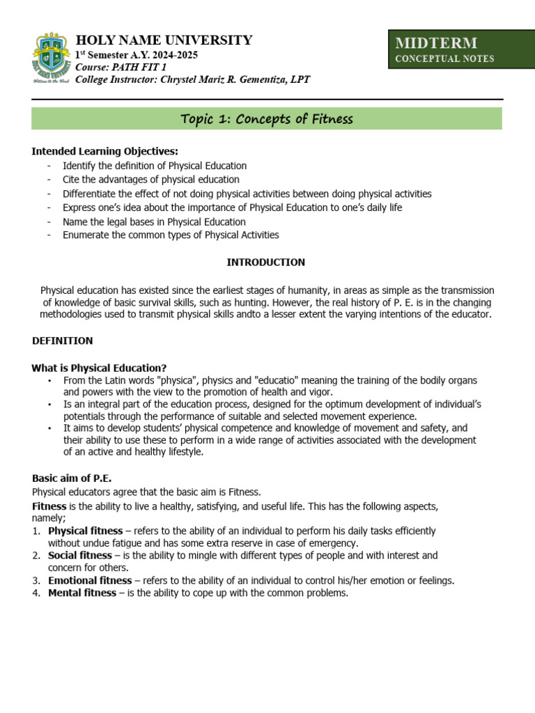(PATH FIT 1) TOPIC 1 - CONCEPTS OF FITNESS | PDF | Physical Fitness ...