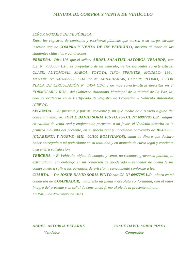 Minuta de Compra y Venta de Vehículo | PDF