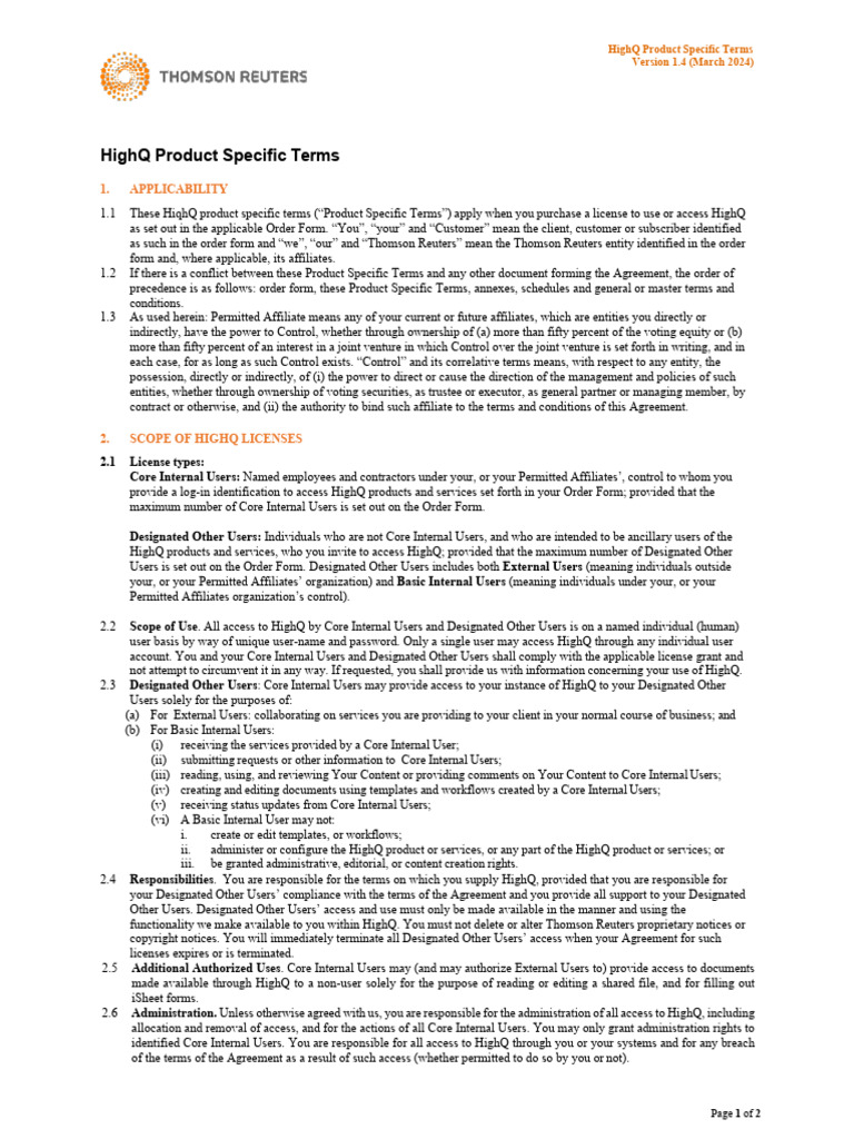 High Q Product Specific Terms Version 1 4 March 2024 | PDF | License ...