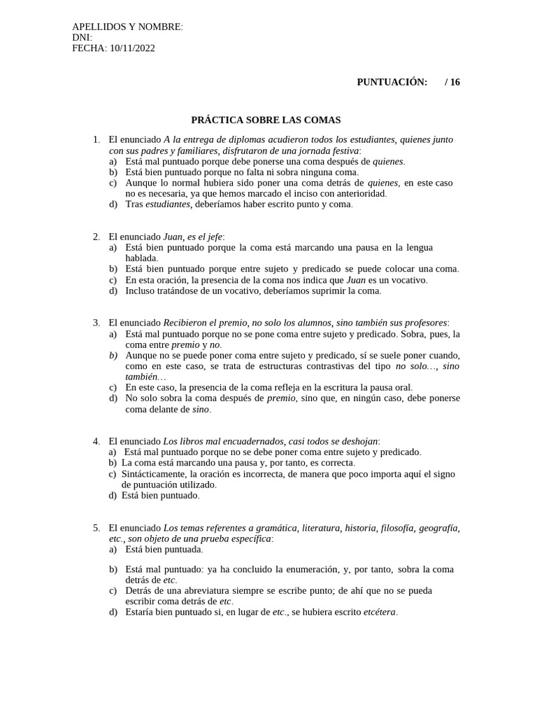 Práctica de Puntuación con Comas | PDF | Coma | Oración (Lingüística)