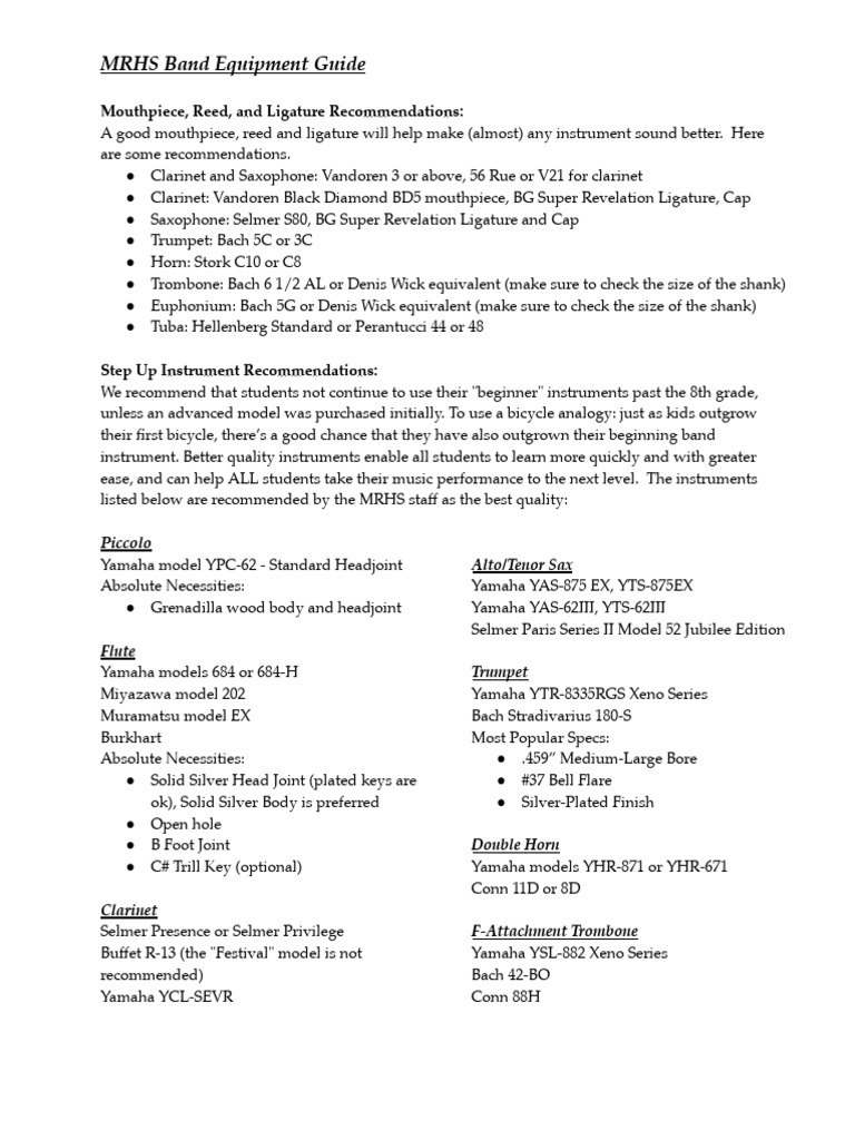 MRHS Band Equipment Guide | PDF | Trombone | Clarinet