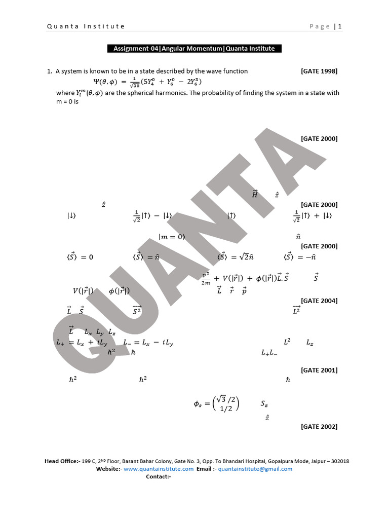 QMASSIGNMENT4 | PDF | Spin (Physics) | Hamiltonian (Quantum Mechanics)