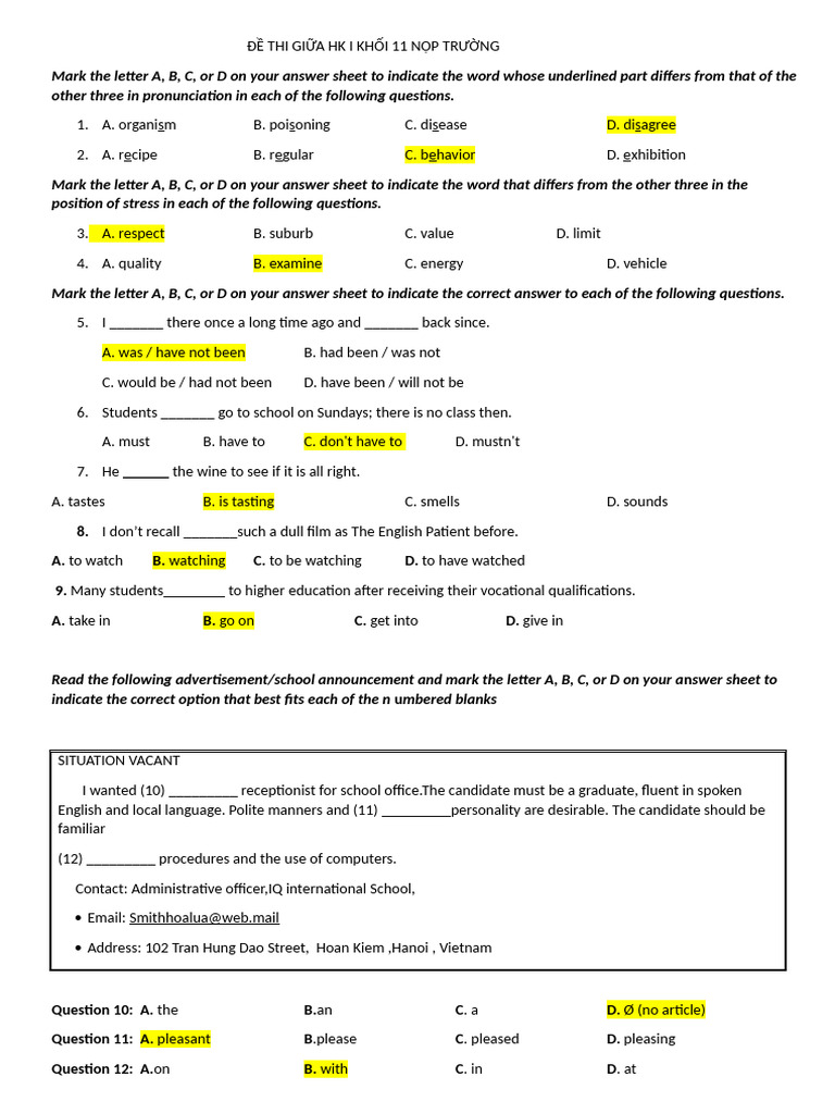 Anh 11 - Ôn Gi A Hk1. San | PDF | Academic Degree | College