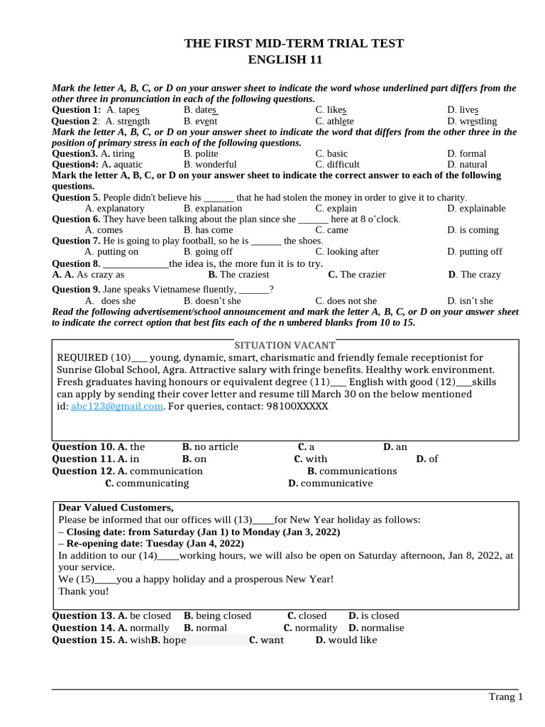 Anh 11 - Ôn Gi A Hk1. Thúy | PDF | Reindeer | Rain