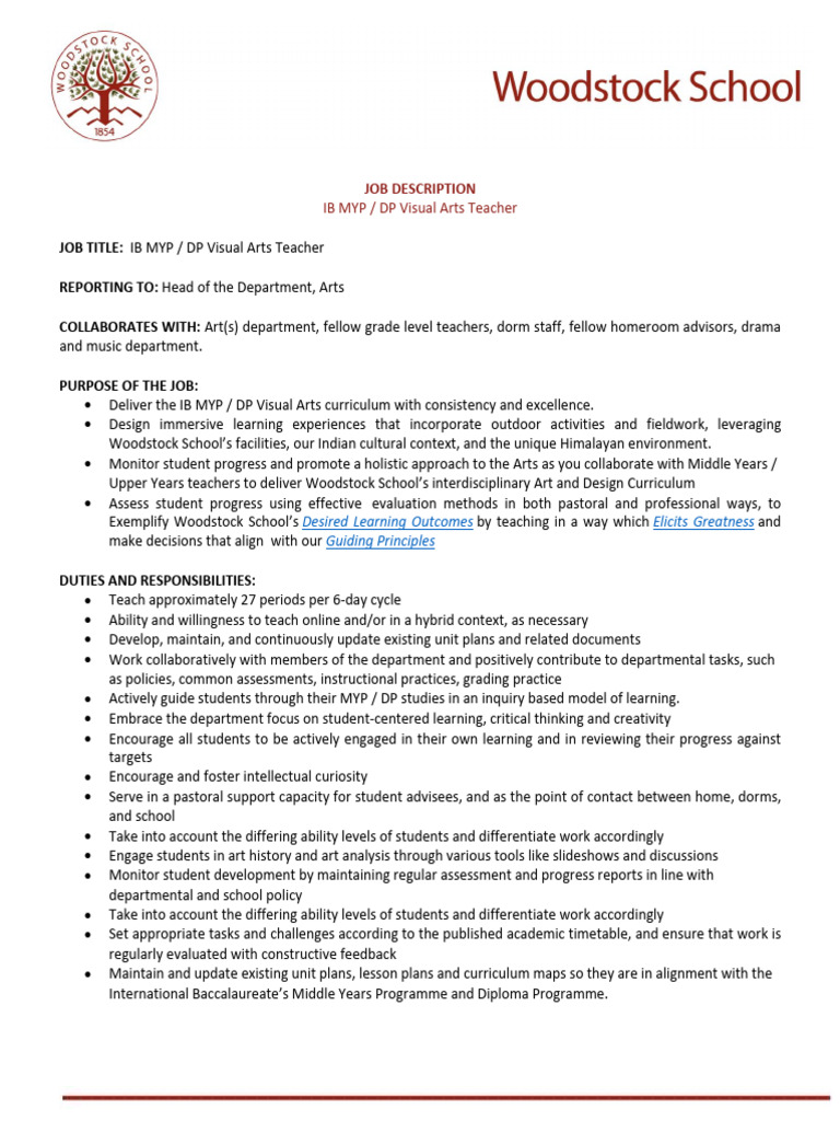 JD - IB MYP DP Visual Arts Teacher 2024 V1 | PDF | Teachers | Curriculum