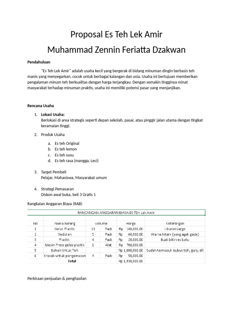 Proposal Es Teh Lek Amir | PDF