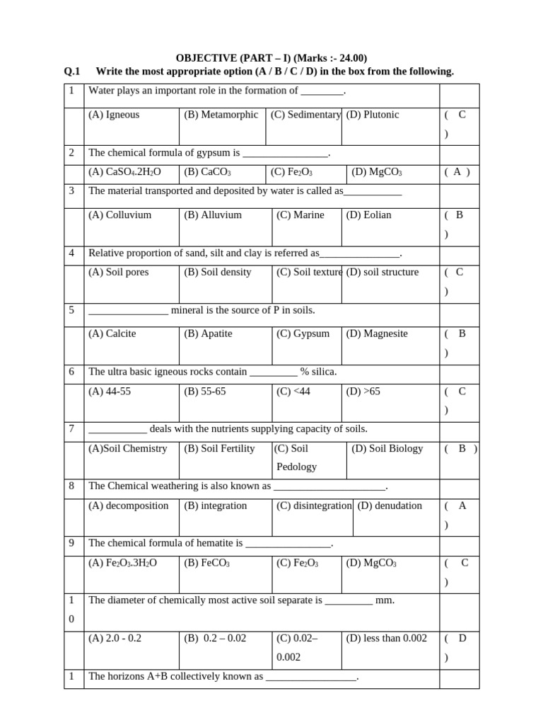 Ag. Chem 2.1 Sem End Exam - Answer Key Part-A | PDF | Soil | Earth Sciences