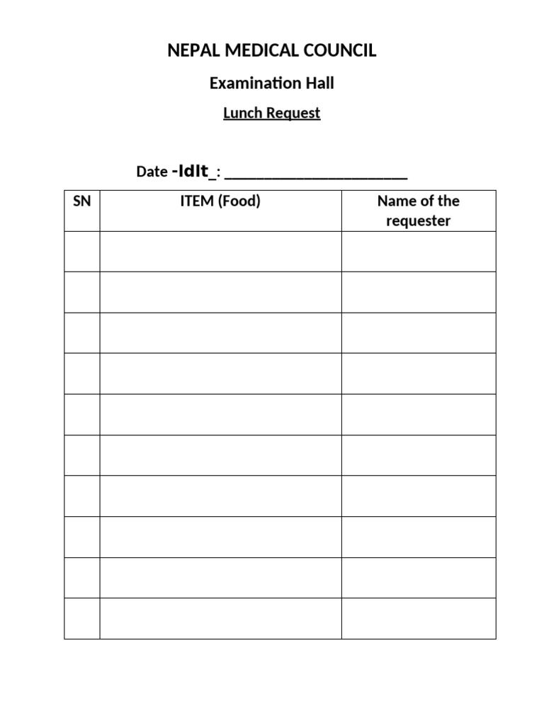 NMC Exam Hall-Lunch Request | PDF NMC Exam Hall-Lunch Request | PDF