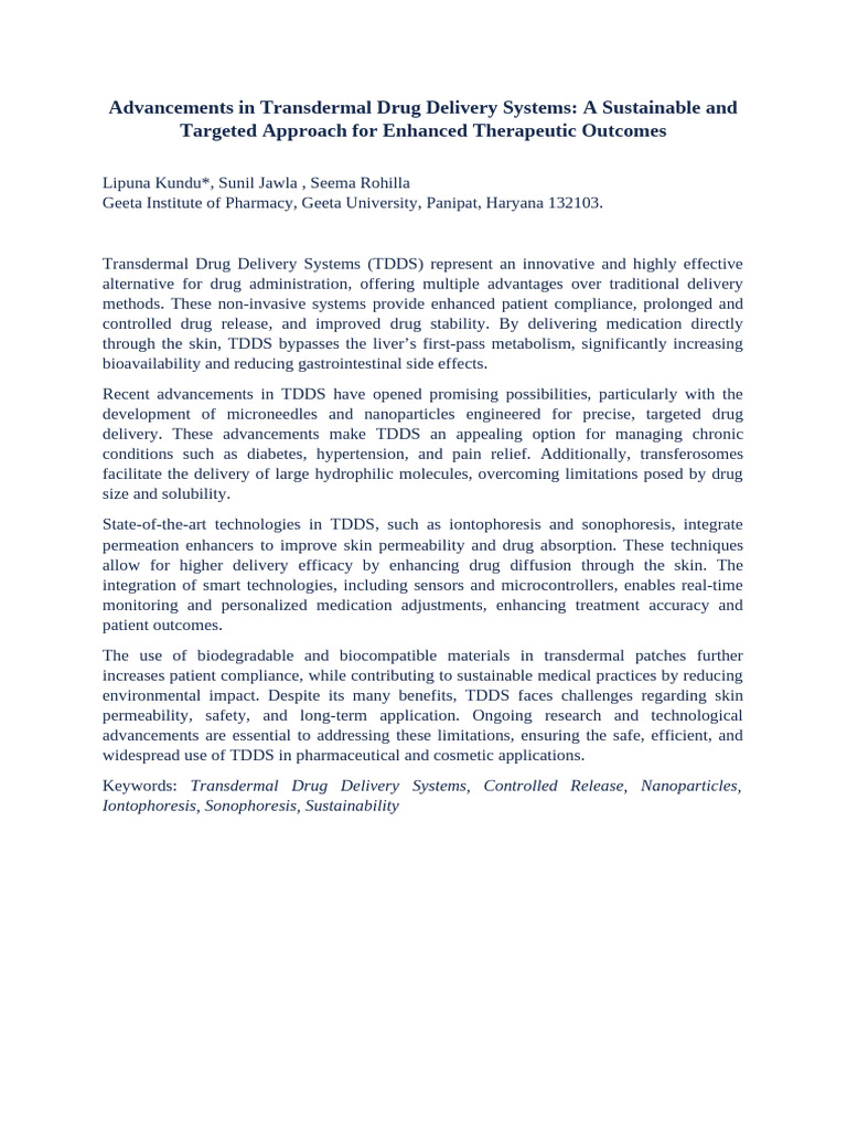 Abstract on transdermal drug delivery system | PDF