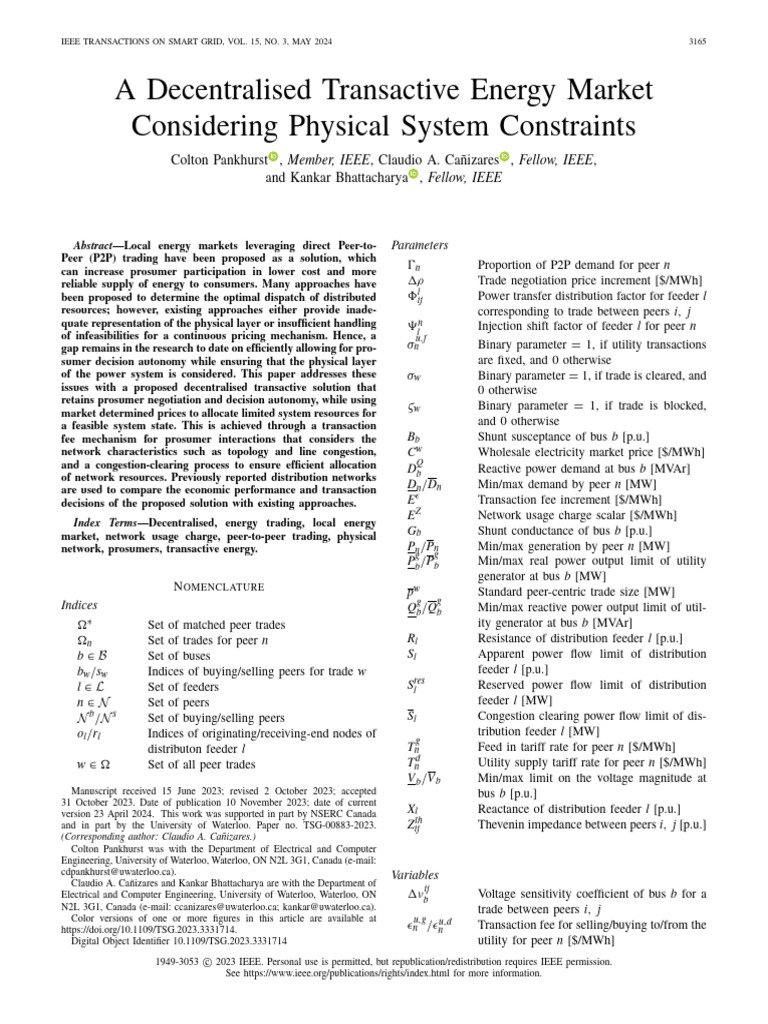 A Decentralised Transactive Energy Market Considering Physical System Constraints | PDF ...