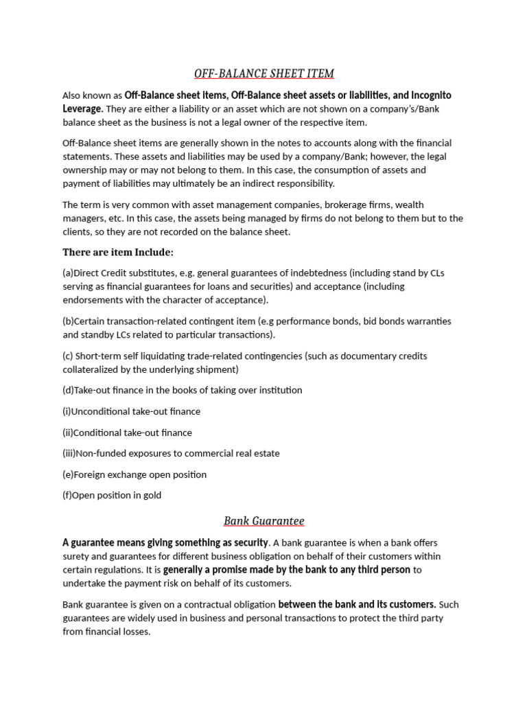 Off Balance Sheet Item & Bank Guarantee | PDF | Banks | Off Balance Sheet