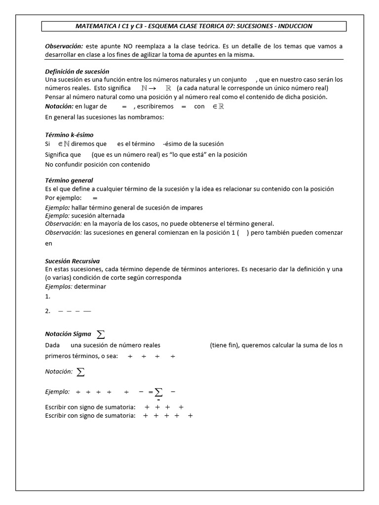 Mate I - 2024 C2 - Esquema Clase Teórica 07 - Seciones - Inducción | PDF | Secuencia | Número Real