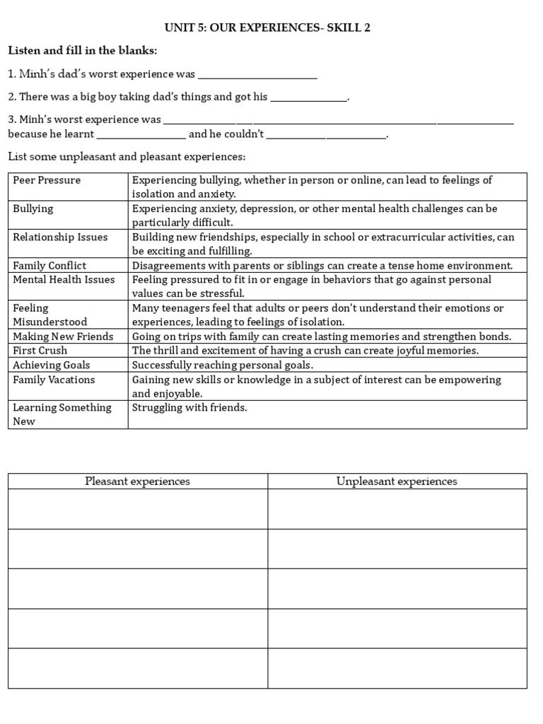 Unit 5-Our Experiences-Skill 2 | PDF | Feeling | Anxiety