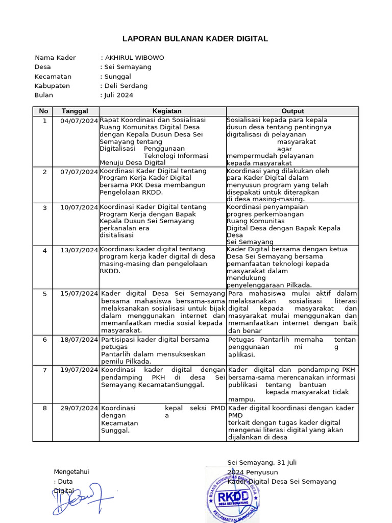 Laporan Kader Digital Desa Sei Semayang (Juli) - 2 | PDF