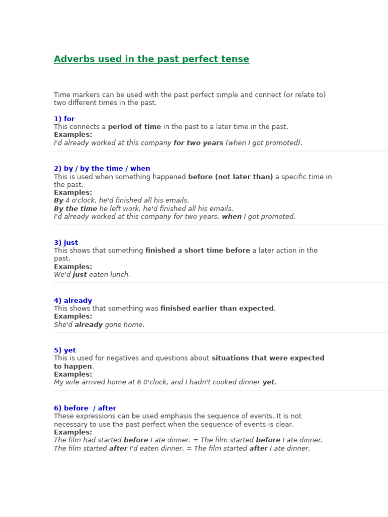Adverbs in Past Perfect Tense | PDF