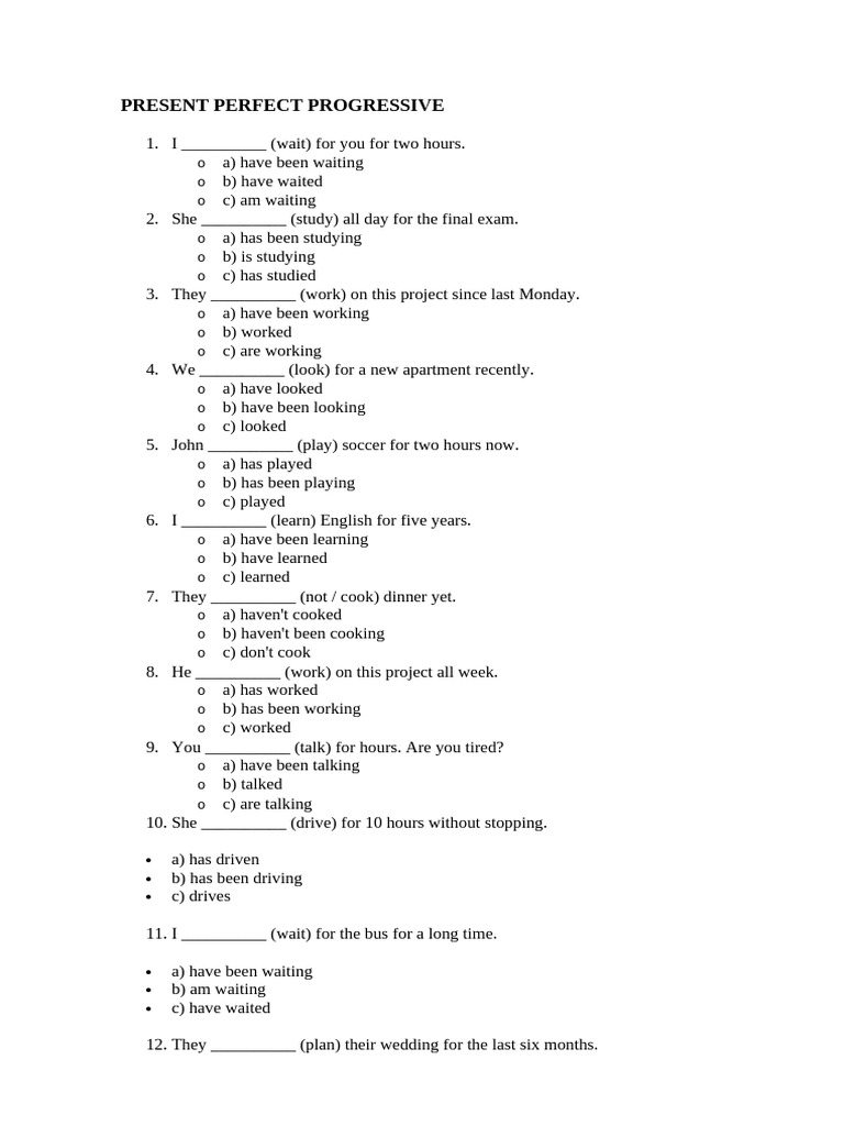 Present Perfect Progressive Exercises | PDF