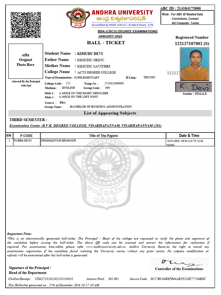 Halltickets 271 Bba 000 3 Semester | PDF