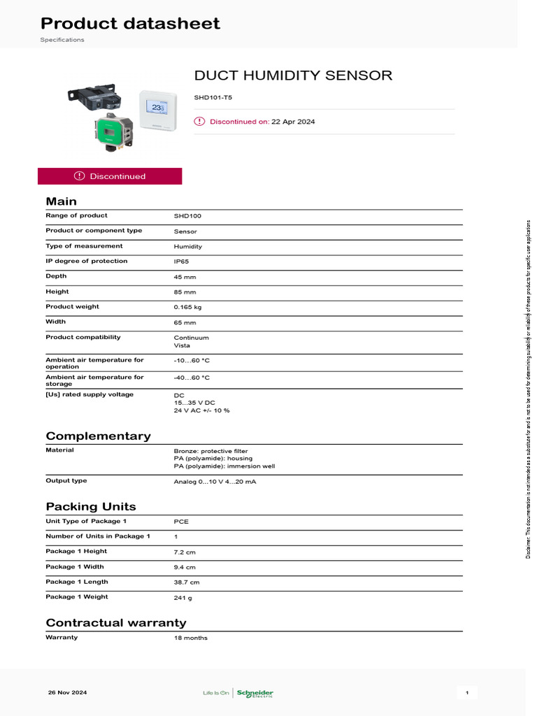 Schneider Electric European HVAC Sensors SHD101 T5 | PDF | Electrical ...