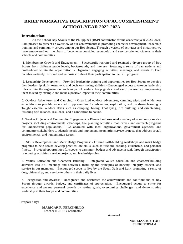 BRIEF NARRATIVE DESCRIPTION OF ACCOMPLISHMENT | PDF | Scouting | Boy ...