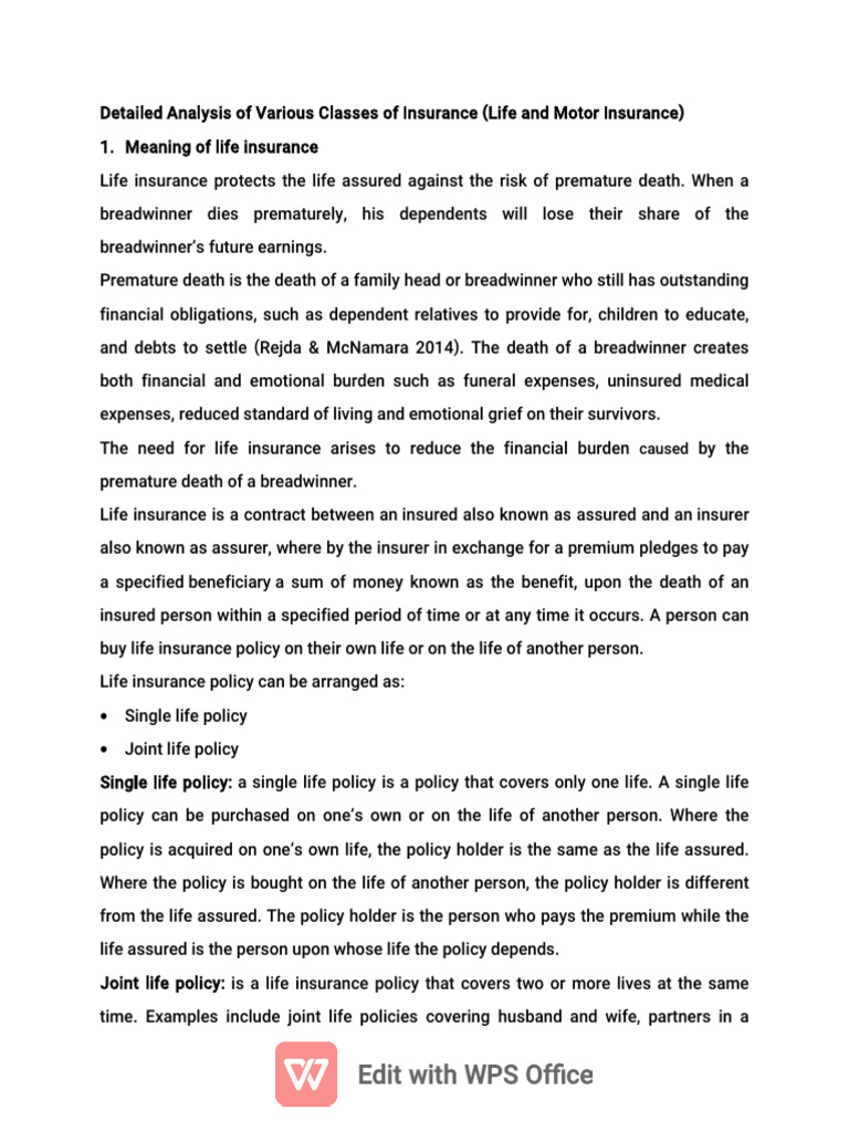 Detailed Analysis of Various Classes of Insurance (Life and Motor ...