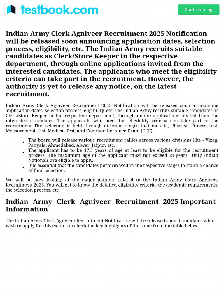 Indian Army Clerk Agniveer Recruitment 2025exam Info | PDF