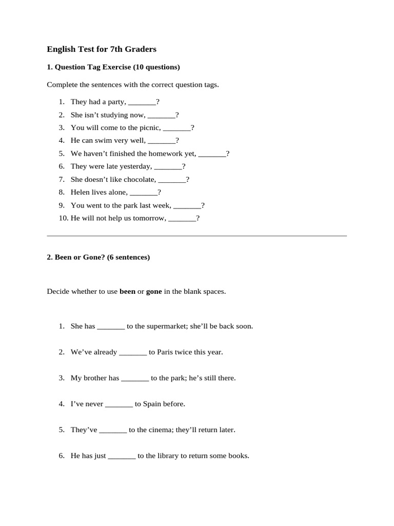 English Test For 7th Graders | PDF