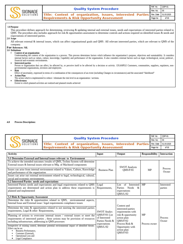 QMS Context and Risk Assessment Procedure | PDF | Risk | Quality Management System