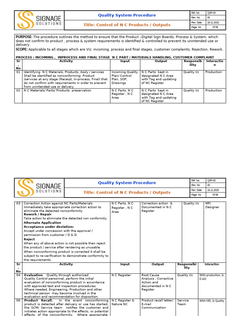 QSP-03 PROCEDURE FOR CONTROL OF NC PRODUCTS | PDF | Business